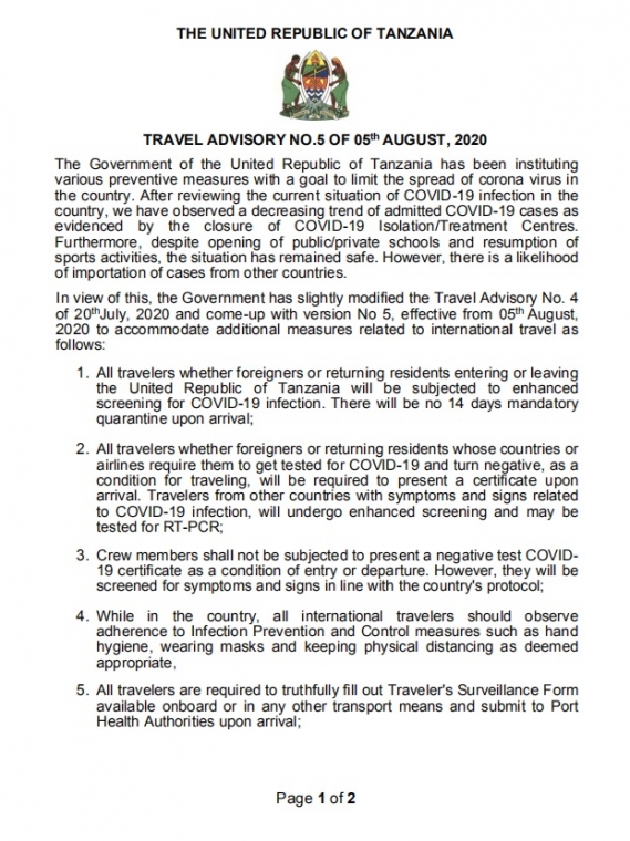 TRAVEL ADVISORY NO.5 OF 05TH AUGUST, 2020 | Embassy of the United ...